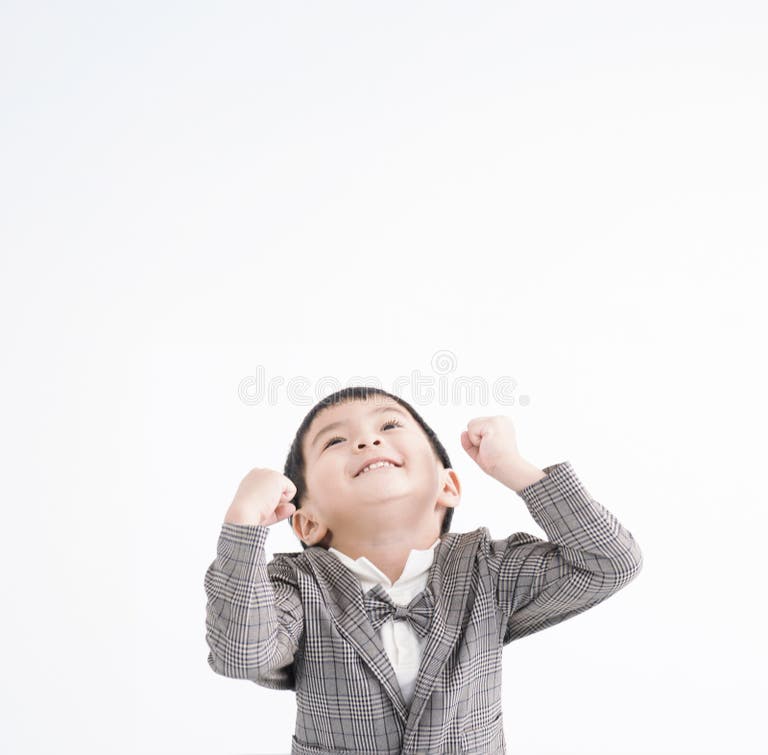 Excited Kid Looking Up and Isolated on White Stock Photo - Image of ...