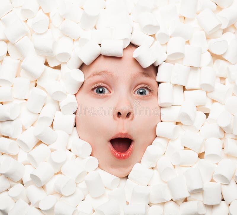 Excited Kid Posing in Marshmallows Stock Photo - Image of amazed ...