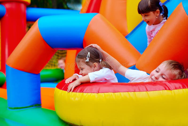 Happy Kids Having Fun on Playground in Kindergarten Stock Photo - Image ...