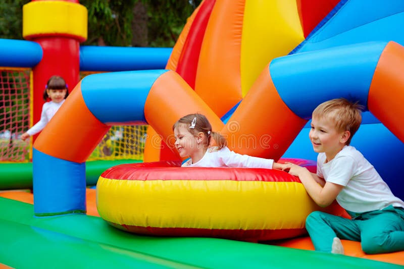 Happy Kids Having Fun on Playground in Kindergarten Stock Photo - Image ...