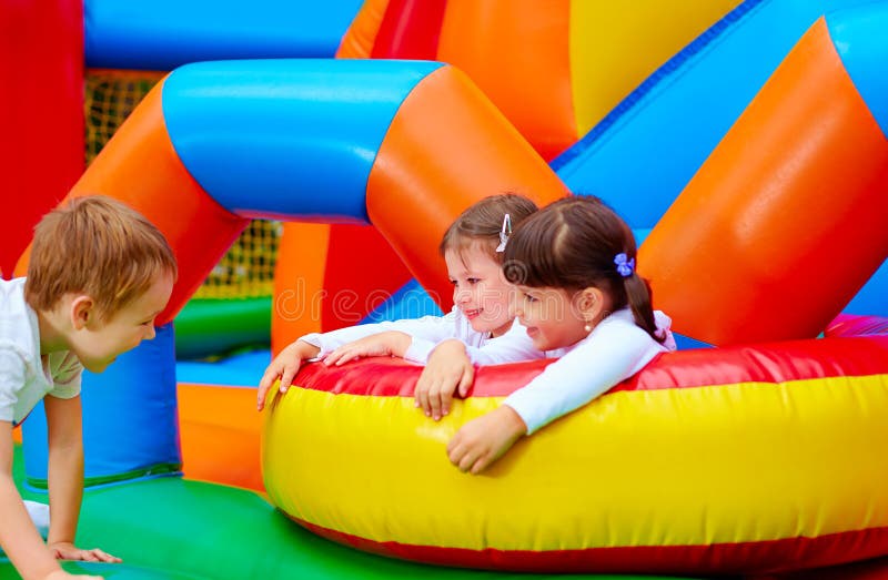 Happy Kids Having Fun on Playground in Kindergarten Stock Photo - Image ...