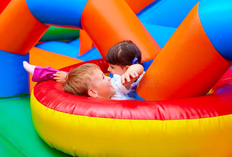 Happy Kids Having Fun on Playground in Kindergarten Stock Photo - Image ...