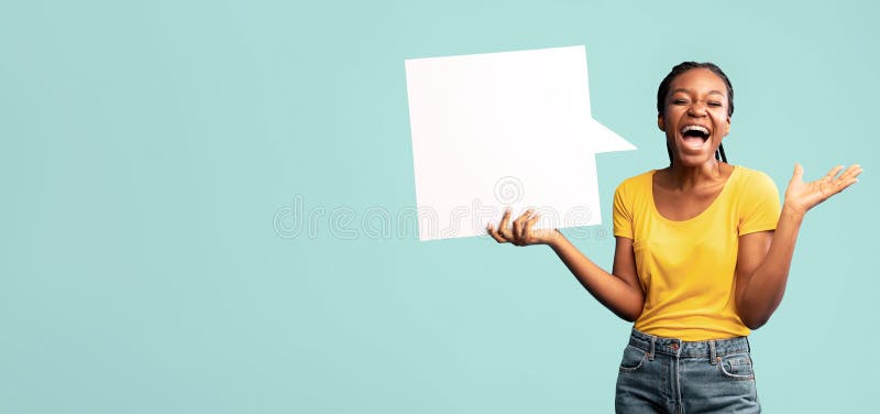 Excited Lady Holding Speech Bubble Shouting Standing on Blue Background ...