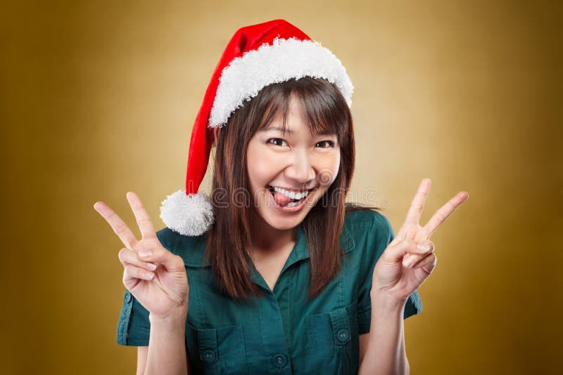 Excited Lady with Santa Hat Stock Image - Image of chinese, shoulder ...