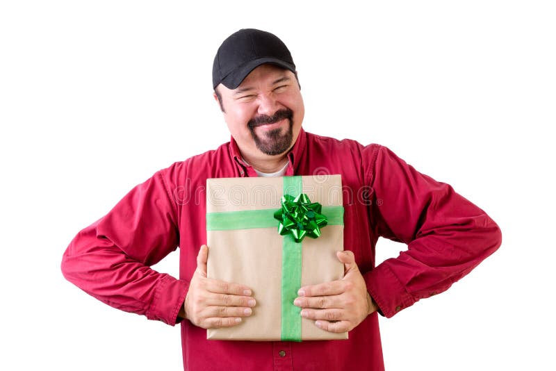 Excited Man in Baseball Cap with Wrapped Present Stock Photo - Image of ...