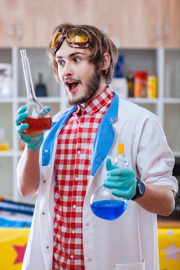 Excited Man with Chemistry Flasks Stock Photo - Image of biochemistry ...