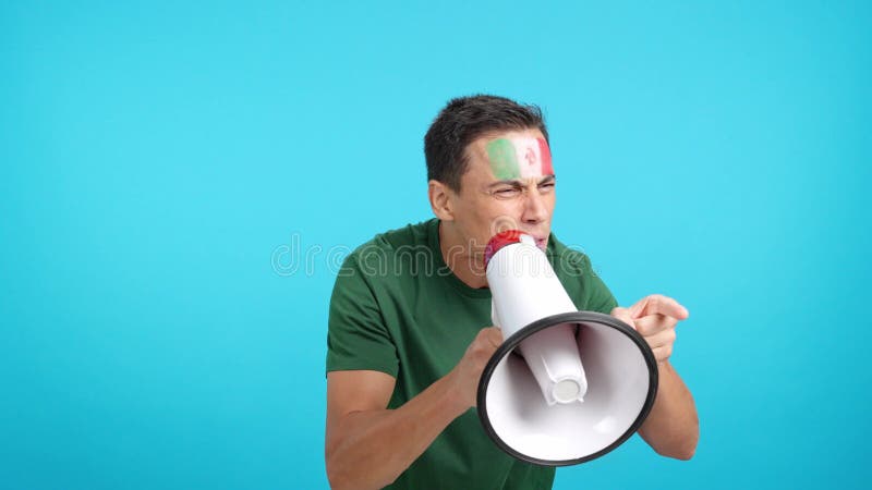 Excited Man with Mexican Flag on Face Using a Megaphone Stock Video ...