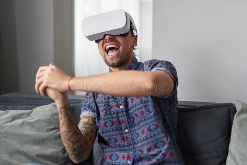 Excited Man Playing VR Game on Sofa Stock Image - Image of happy ...
