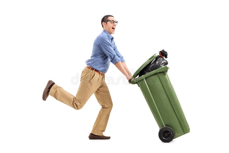 An Excited Man Pushing A Garbage Can Stock Image - Image of garbage ...