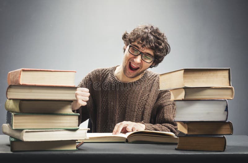 Excited Man Reading a Book, Studying Stock Photo - Image of pile ...