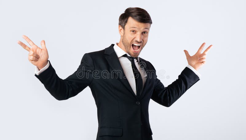 Excited Man Shouting Spreading Hands Standing on White Background Stock ...