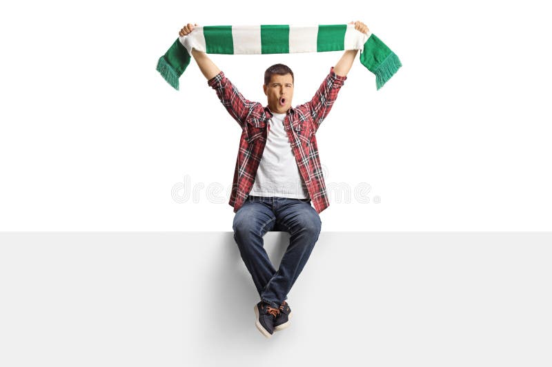 Excited Man Sitting on a Panel and Cheering with a Scarf Stock Image ...