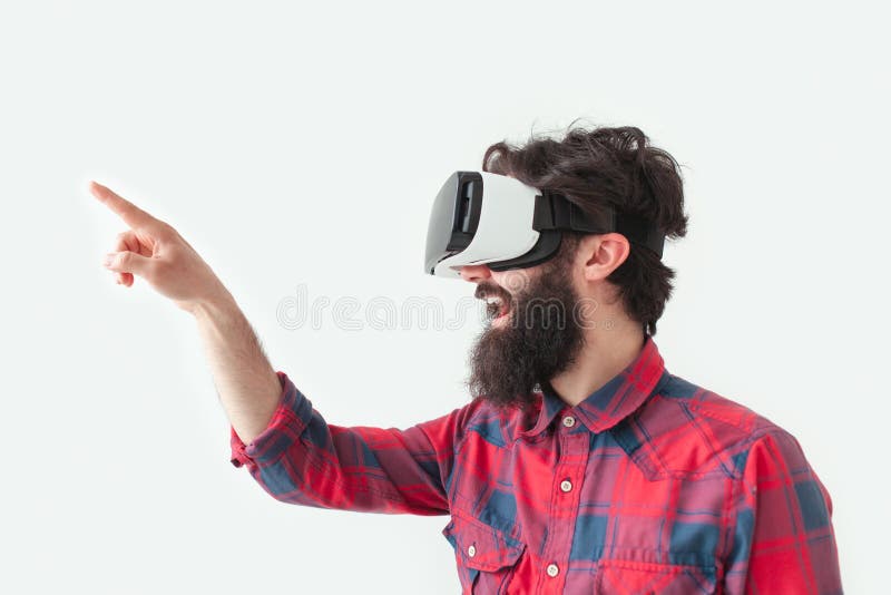 Excited Man with VR Pointing Stock Photo - Image of cheerful, gadget ...