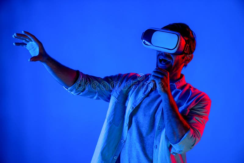 Excited Man Wear VR Goggle To Explore and Enter in Virtual Program ...