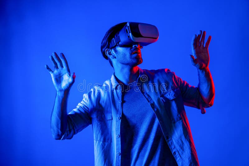 Excited Man Wear VR Goggle To Explore and Enter in Virtual Program ...