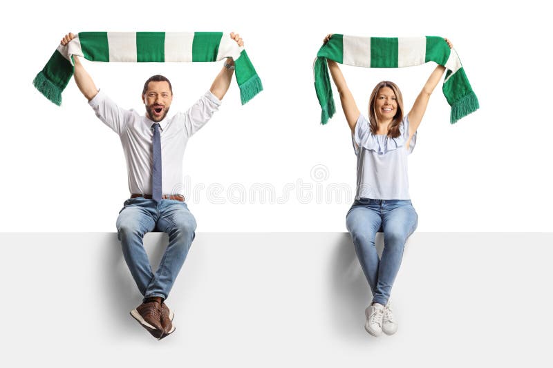 Excited Man and Woman Sitting on a Panel and Cheering with Scarfs Stock ...