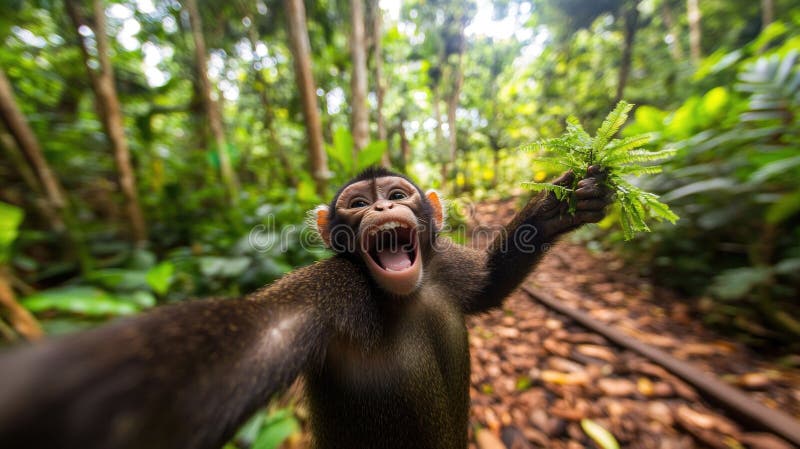 Excited Monkey Selfie in Lush Jungle Environment Captures Joyful Moment ...