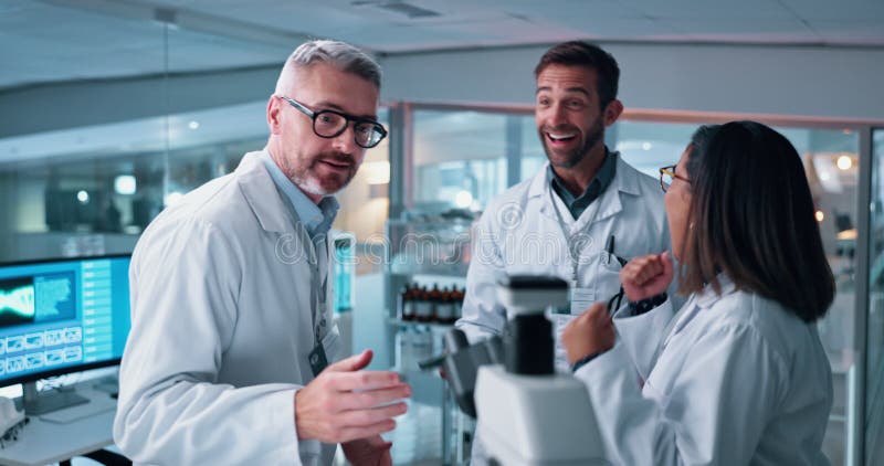 Excited People, Scientist and Applause with Microscope for Discovery ...