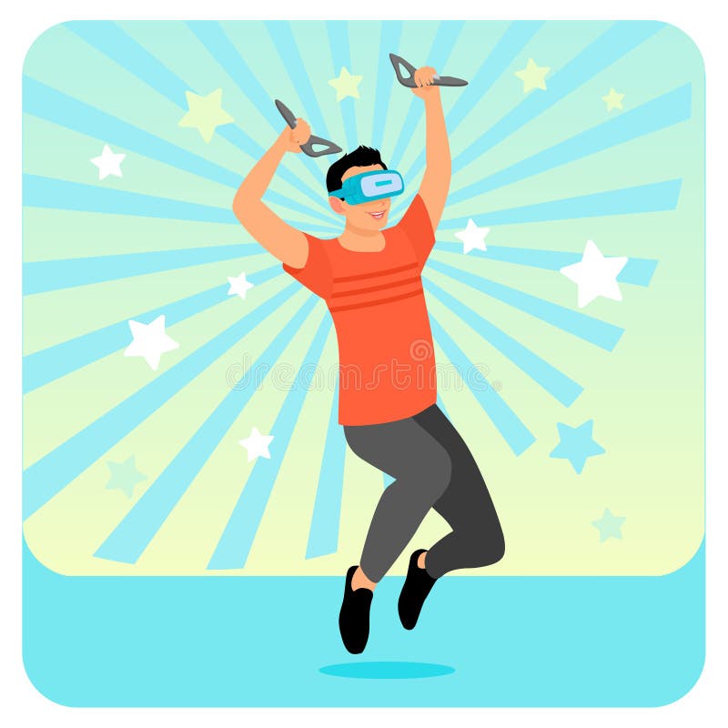 Excited Person in VR Headset Playing in Augmented Reality Simulation ...