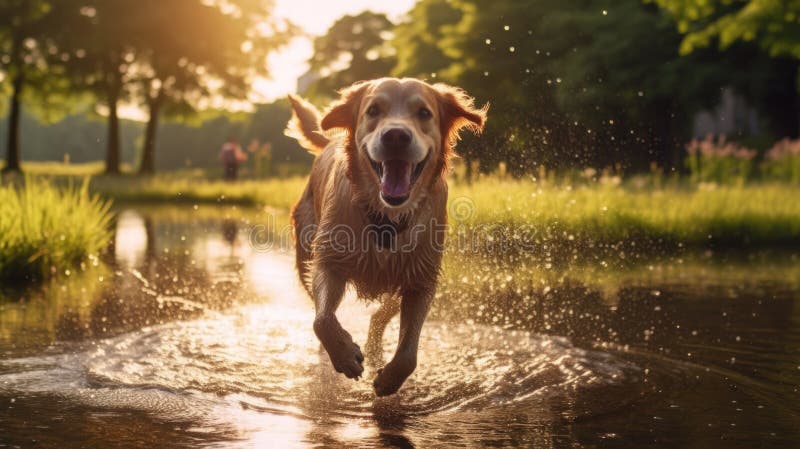 Excited, Playful Dog Romping through a Water Puddle Stock Illustration ...
