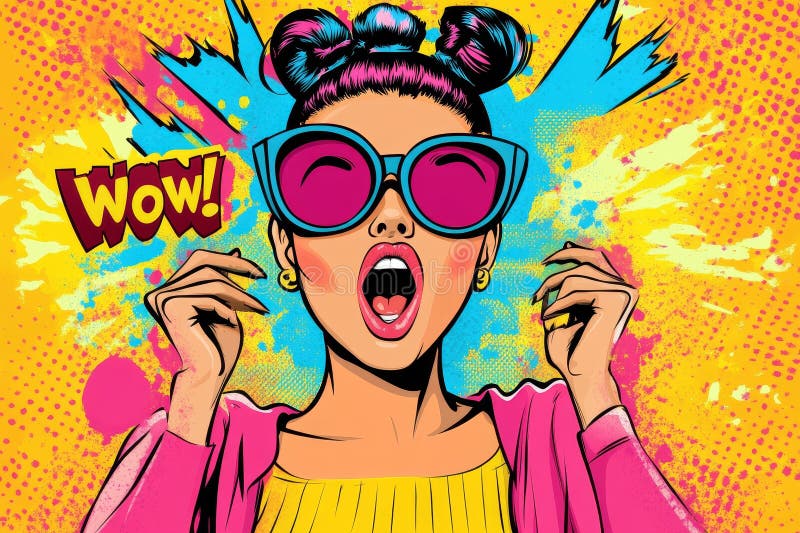Excited in Pop Art Style, with a Shocked Expression while, and Text WOW ...