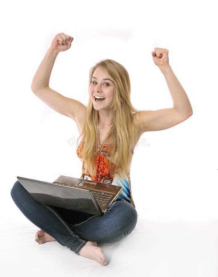 Excited Pretty Young Woman with Computer Stock Photo - Image of chat ...