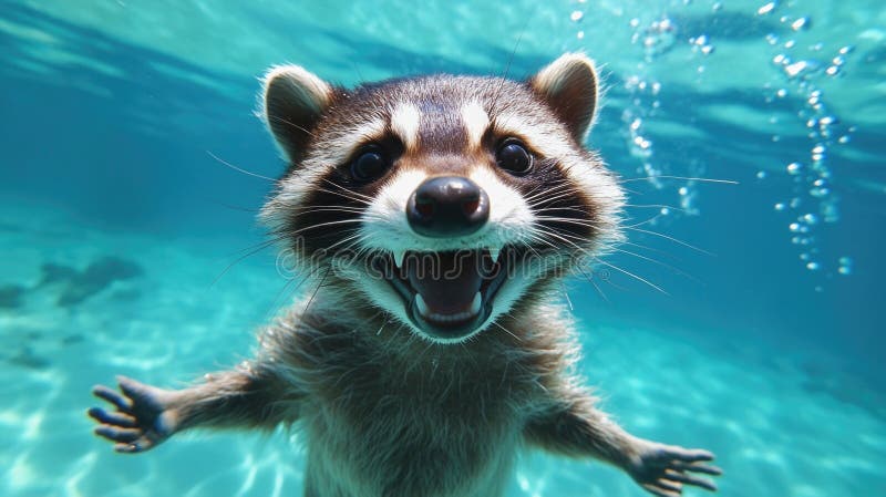 Excited Raccoon Swimming Underwater with Open Mouth Stock Image - Image ...