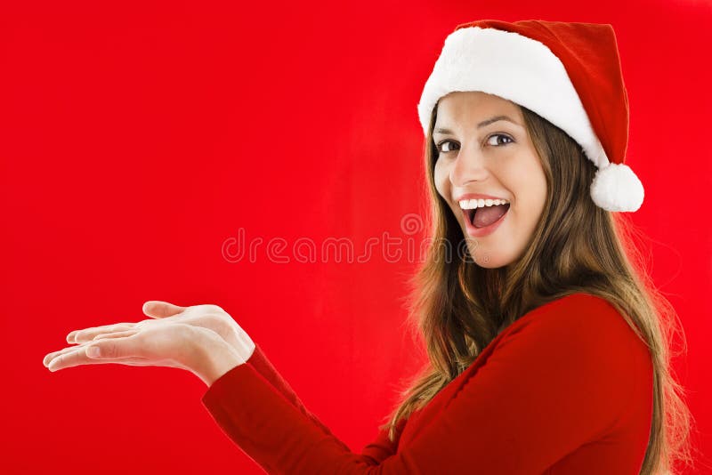 Excited Santa Girl showing stock image. Image of beauty - 16294209