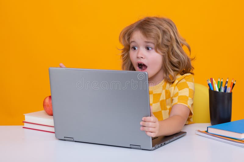 Excited School Child Using Laptop Computer. School Child Studying in ...