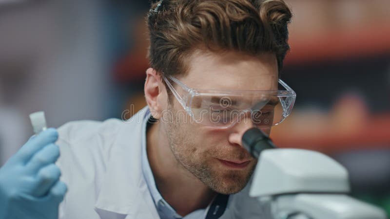 Excited Scientist Working Microscope Rejoicing Research in Laboratory ...