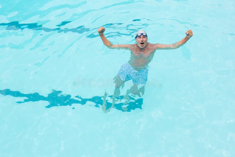 Excited Senior Man Standing in Swimming Pool Stock Image - Image of ...