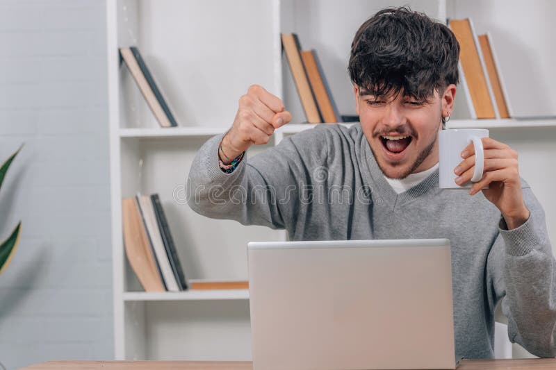 Excited Student at Computer Celebrating Stock Image - Image of success ...