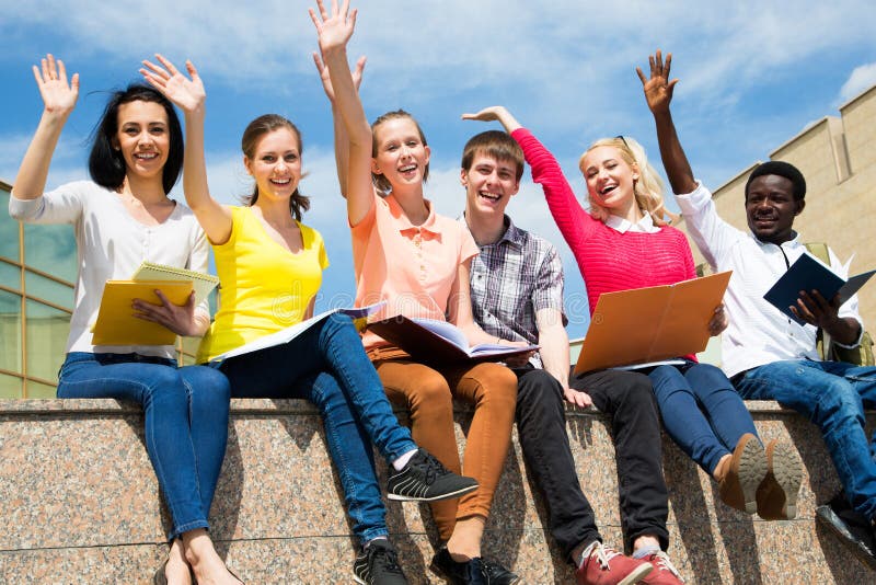 Excited Students with Arms Outdoors Stock Image - Image of diversity ...