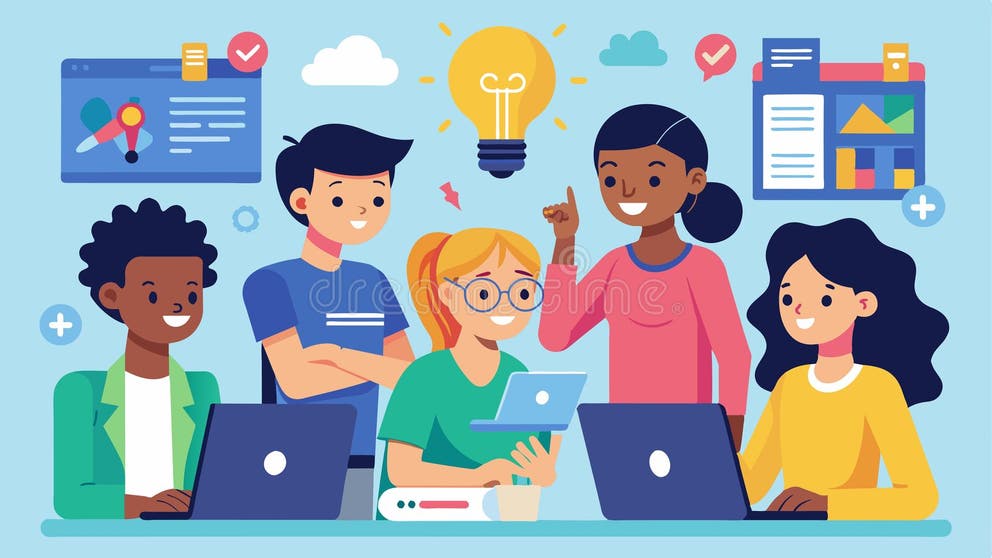 Excited Students Collaborate on a Coding Project Brainstorming and ...