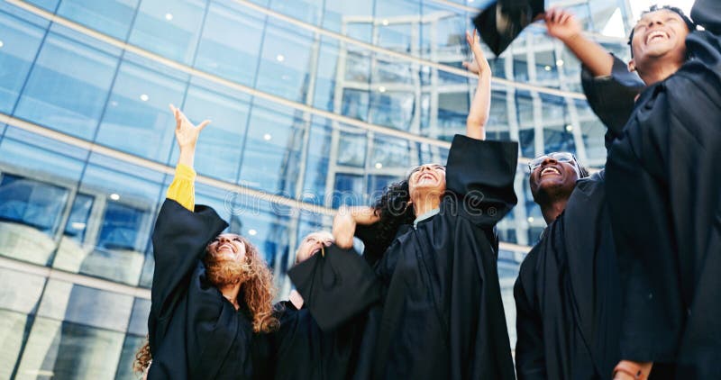 Below, People and Throw Graduation Cap for Celebration, Education ...