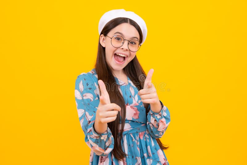 Excited Teenager Amazed And Cheerful Emotions Teen Girl Pointing Finger At Camera Point Index