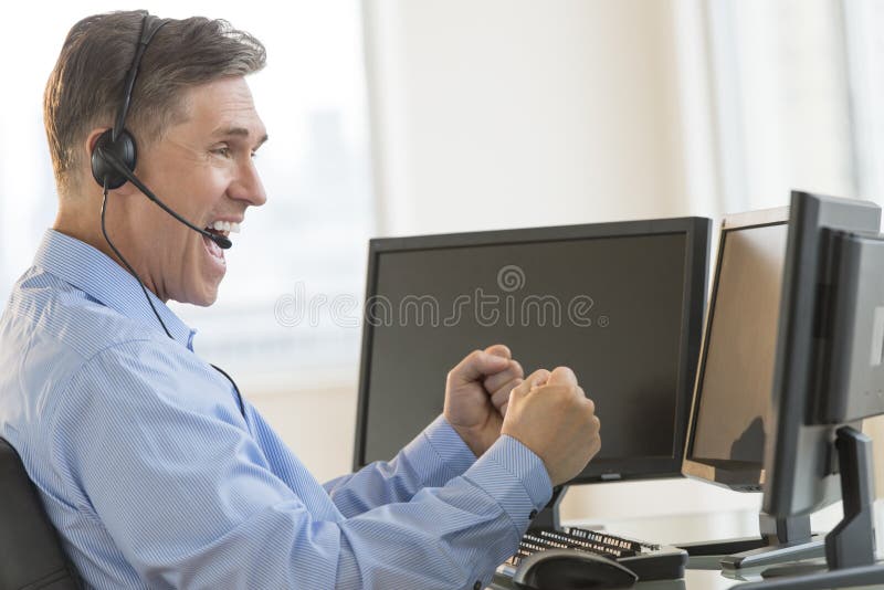 Excited Trader Screaming while Using Multiple Computers Stock Image ...