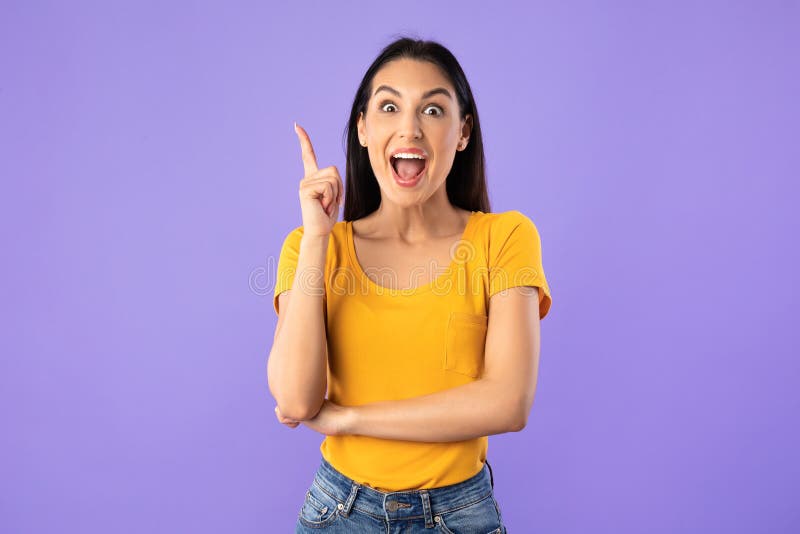 Excited Woman Has Great Idea and Points Up Stock Photo - Image of open ...