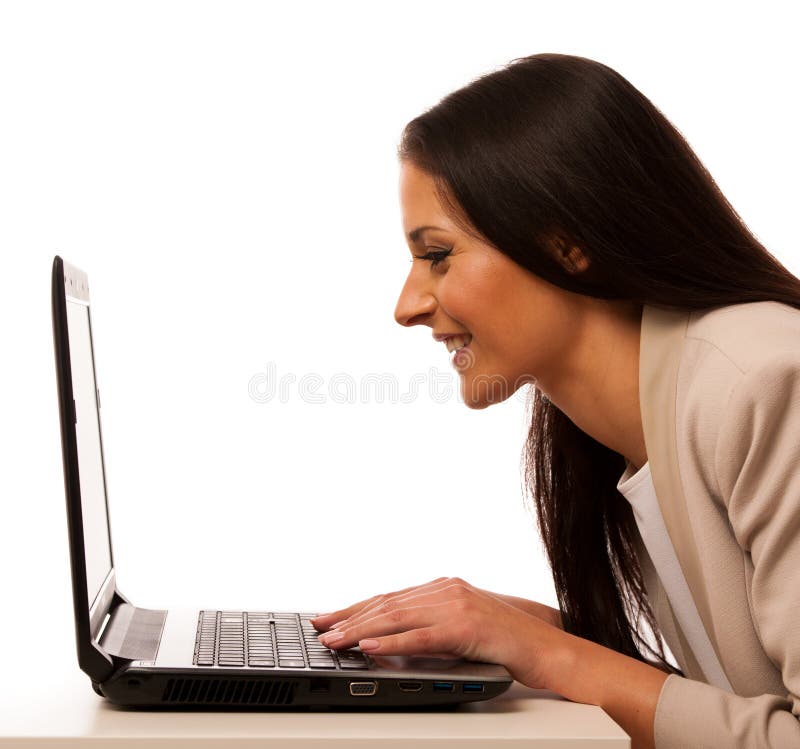 Excited Woman Looking into Laptop Computer. Stock Photo - Image of ...