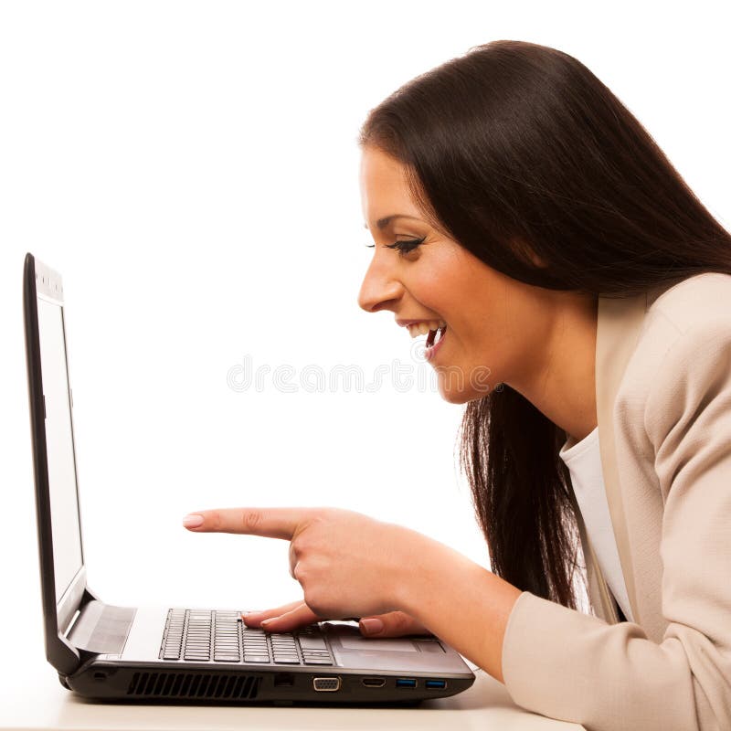Excited Woman Looking into Laptop Computer. Stock Image - Image of ...