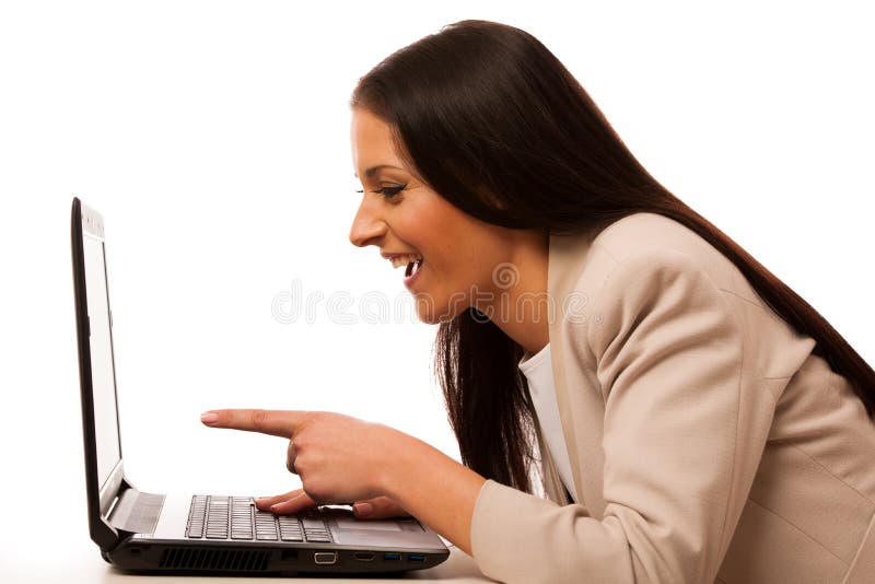 Excited Woman Looking into Laptop Computer. Stock Photo - Image of ...