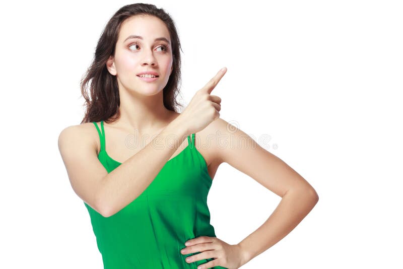Excited woman point stock image. Image of point, advertising - 65547795
