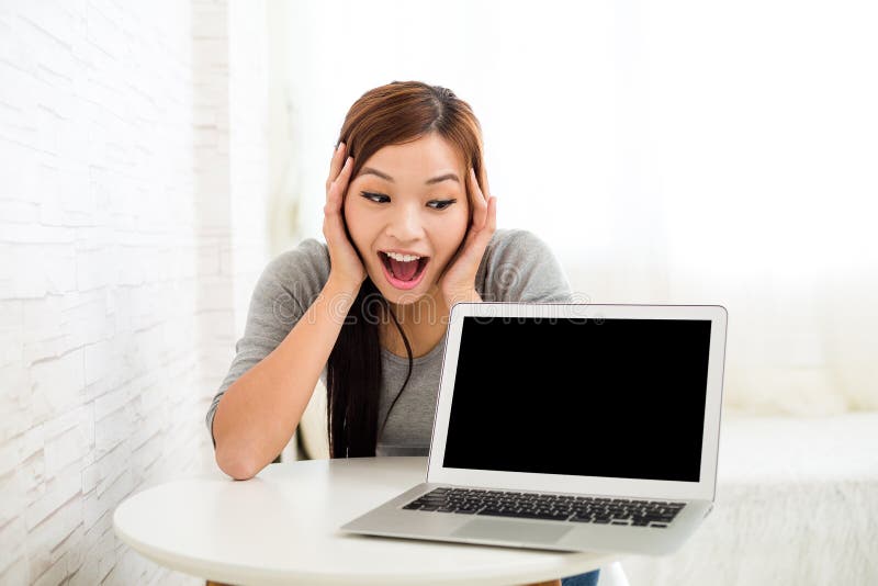 Excited Woman Showing Blank Screen of Laptop Computer Stock Photo ...