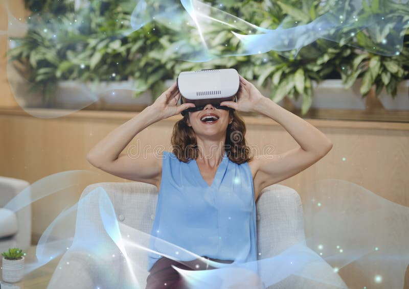 Excited Woman in VR Headset Looking at Blue Lights Stock Photo - Image ...