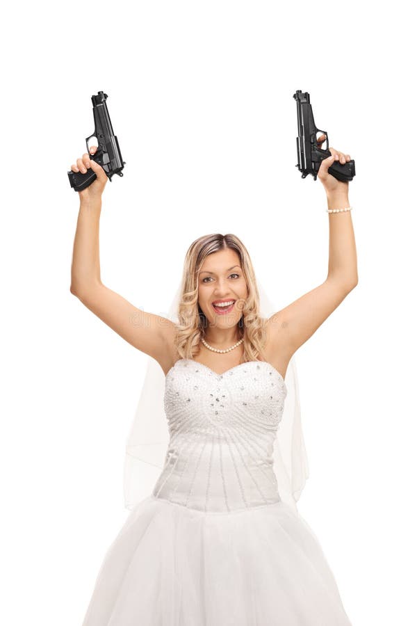 Excited Young Bride Holding Two Guns Stock Image - Image of aiming ...