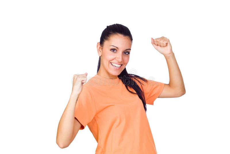 Excited Young Girl Smiling with Hands Raised Stock Image - Image of ...