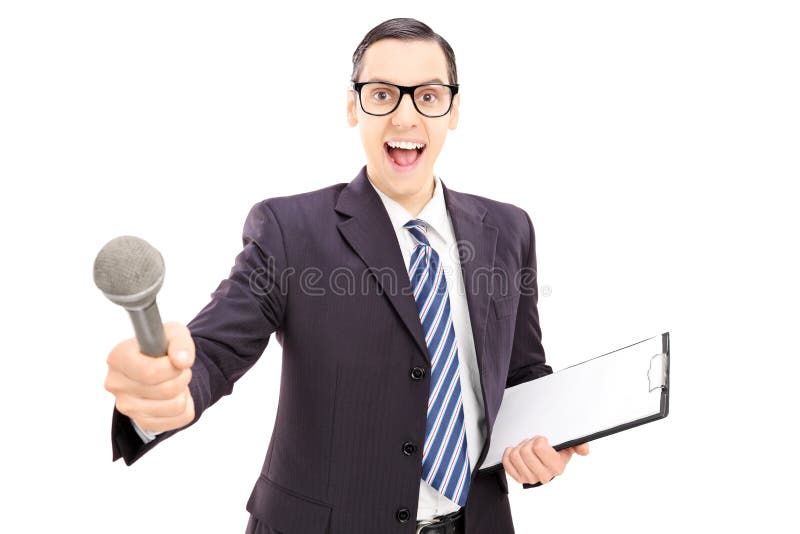 Excited Young Male Interviewer In Suit Holding Microphone Stock ...