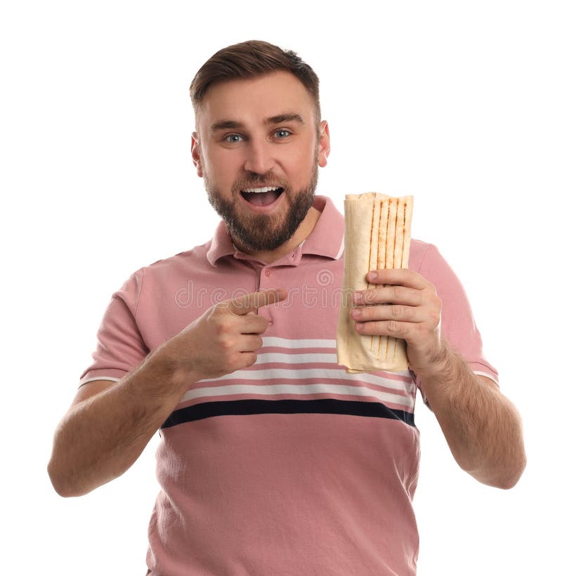 Excited Man with Delicious Shawarma on White Background Stock Photo ...