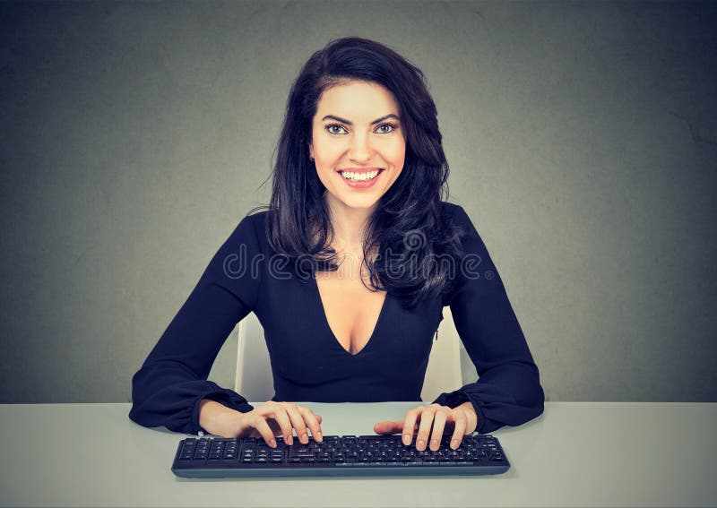 Cheerful Woman Typing on Keyboard Stock Image - Image of conversation ...