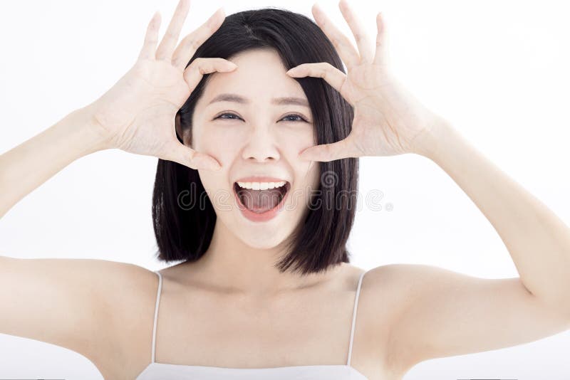 Excited Young Woman with Closeup and Eye Looking Gesture Stock Image ...
